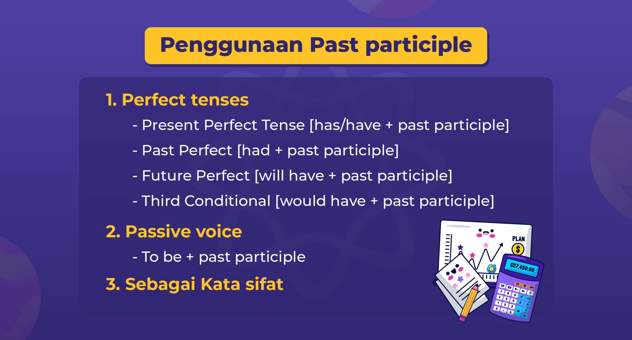 Past participle: Rumus, Penggunaan dan Latihan